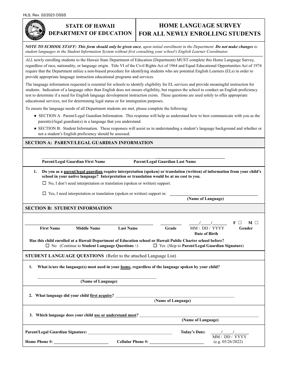 Hawaii Home Language Survey for All Newly Enrolling Students - Fill Out ...