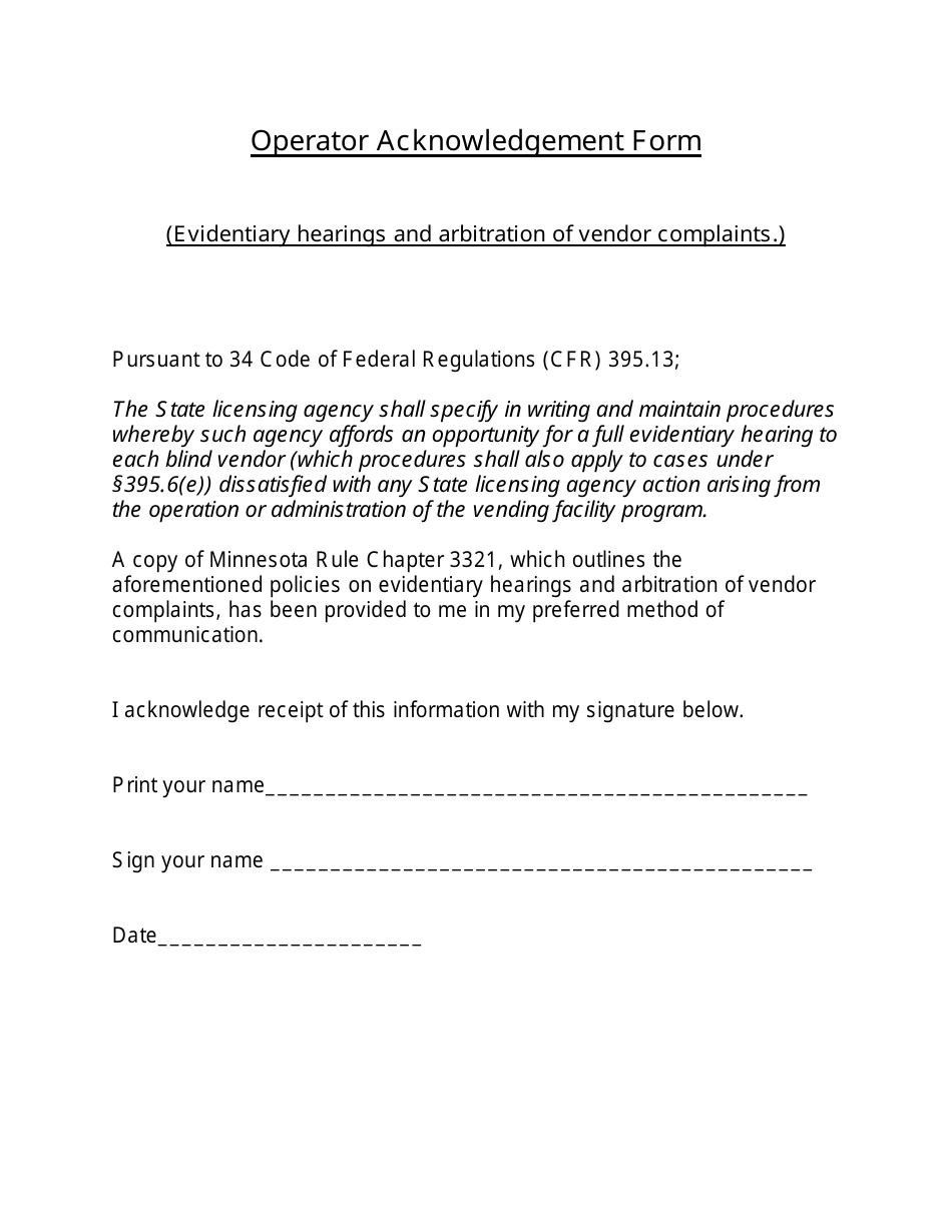 Minnesota Operator Acknowledgement Form - Fill Out, Sign Online and ...