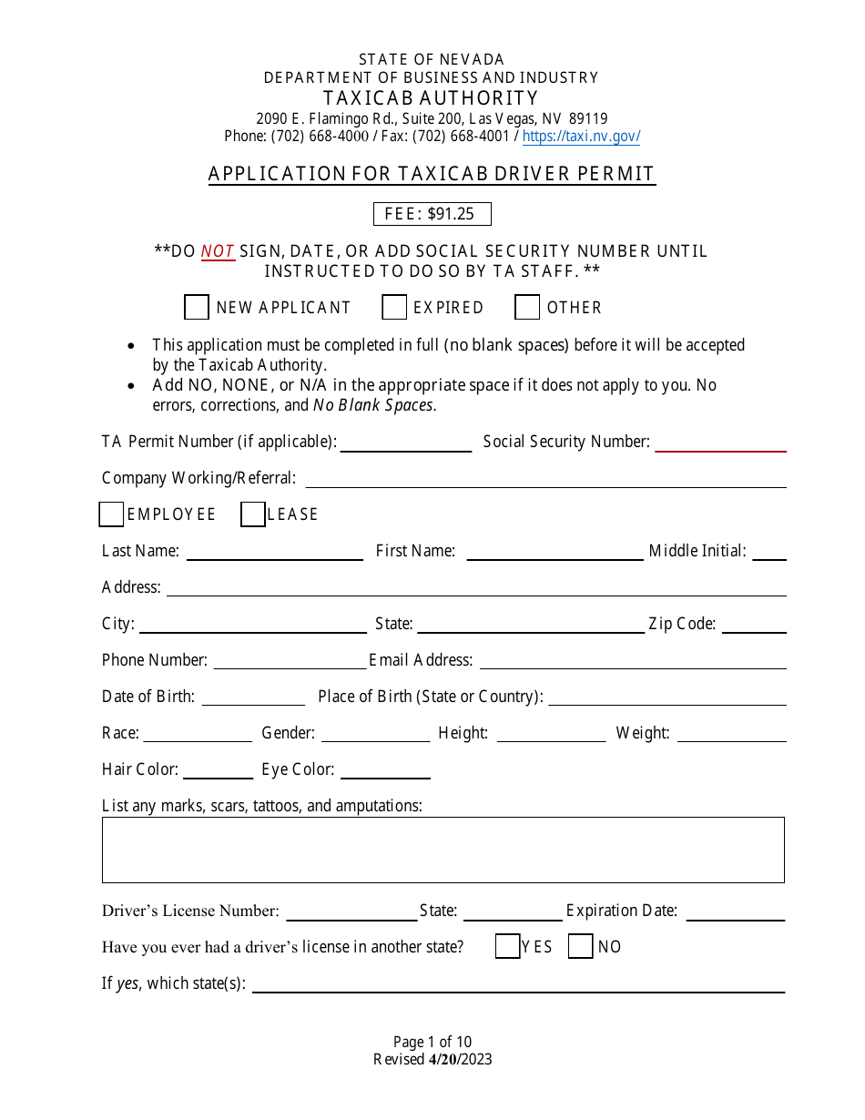 Nevada Application for Taxicab Driver Permit - Fill Out, Sign Online ...