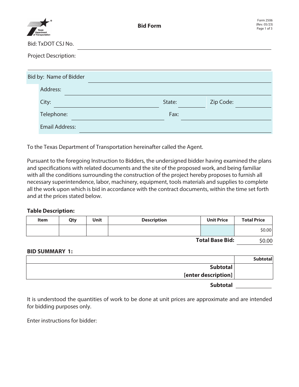 Form 2506 Download Fillable PDF or Fill Online Bid Form, Texas 2016 ...