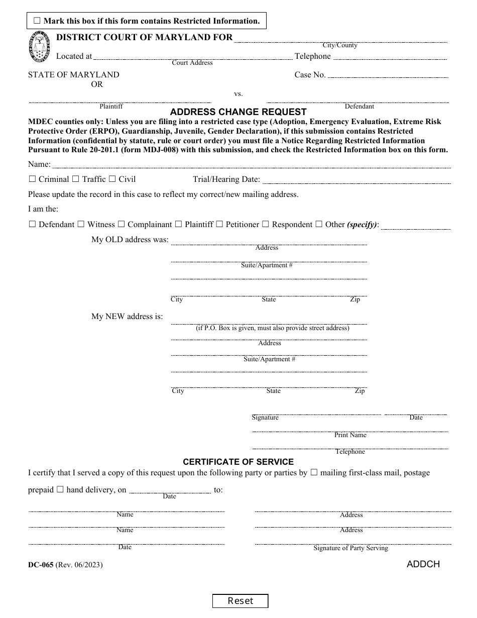 Form DC-065 Download Fillable PDF or Fill Online Address Change Request, Maryland | Templateroller