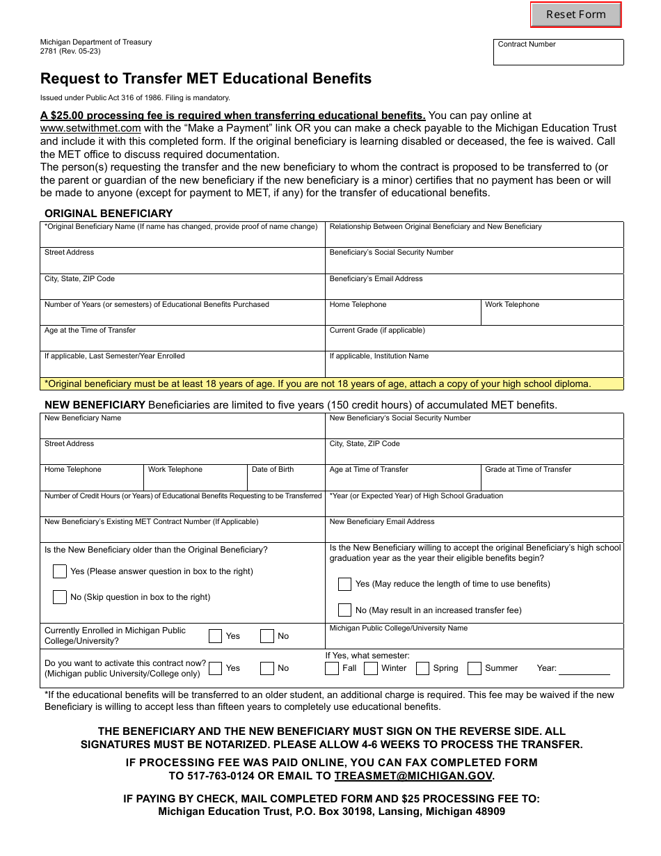 Form 2781 - Fill Out, Sign Online and Download Fillable PDF, Michigan ...