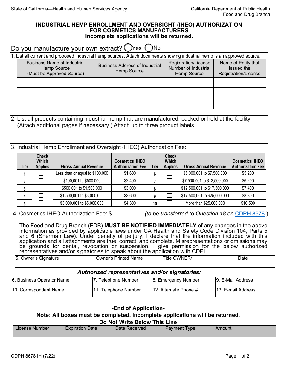 Form CDPH8678 IH Download Fillable PDF or Fill Online Industrial Hemp ...
