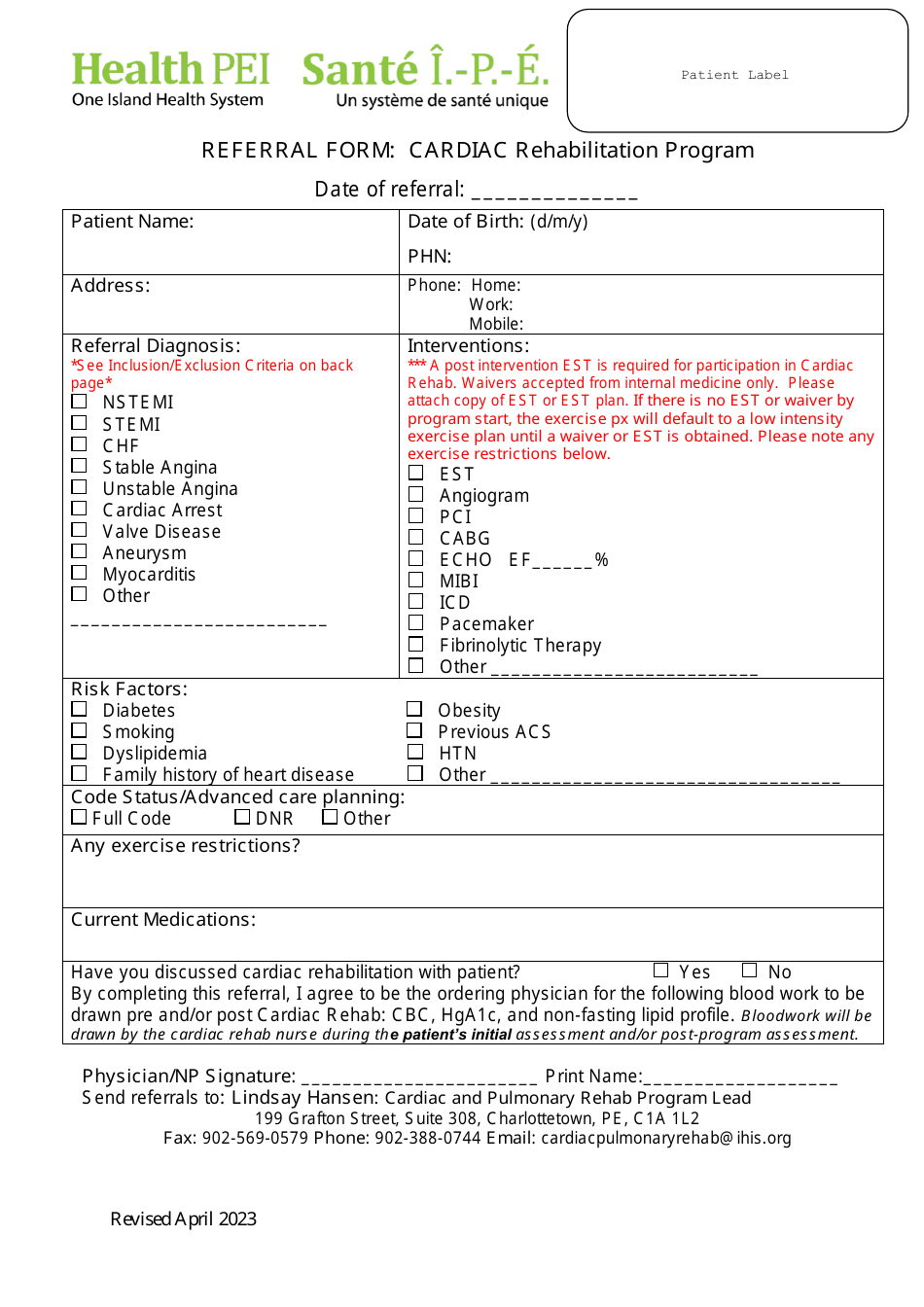 Prince Edward Island Canada Referral Form - Cardiac Rehabilitation ...