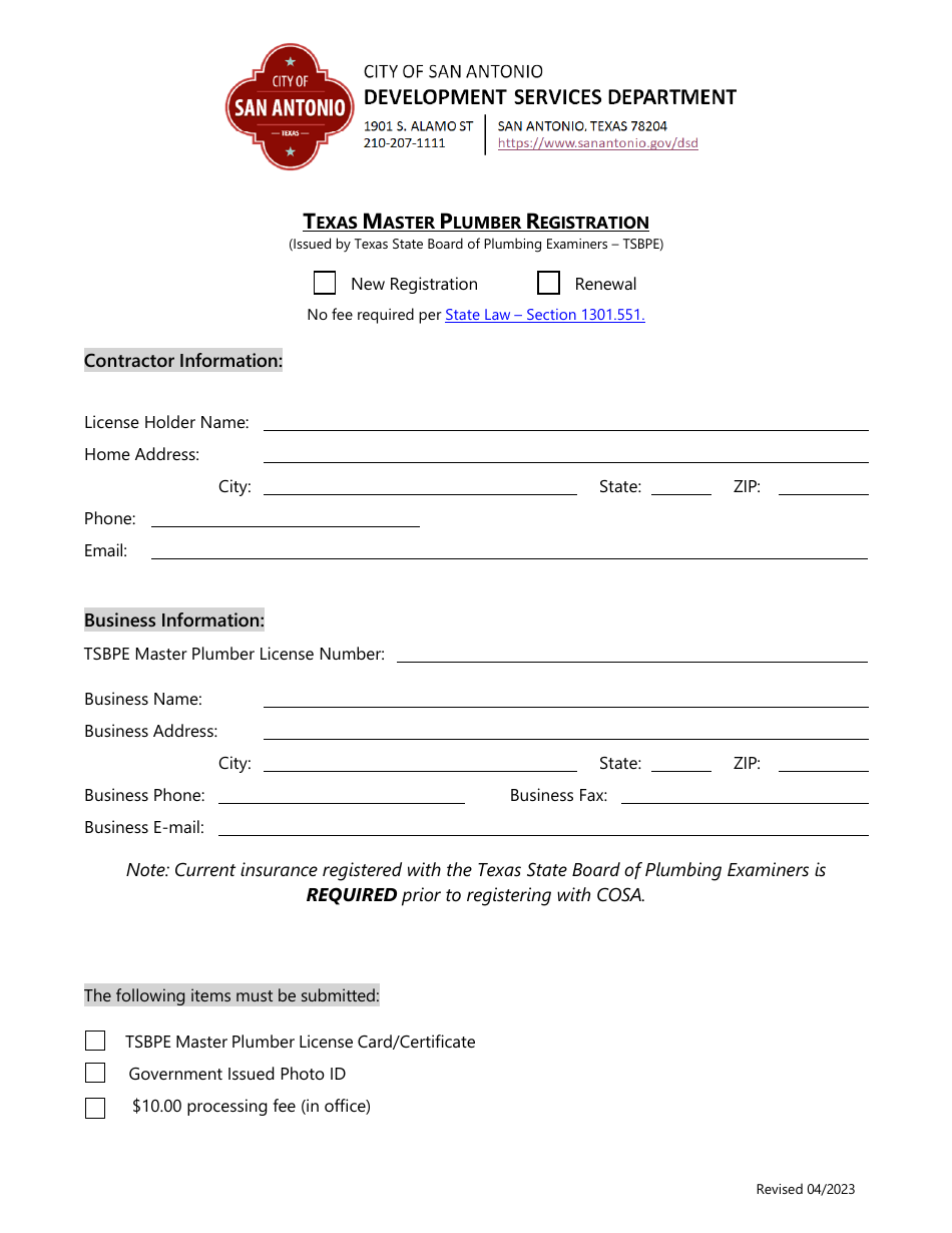 City of San Antonio, Texas Texas Master Plumber Registration - Fill Out ...