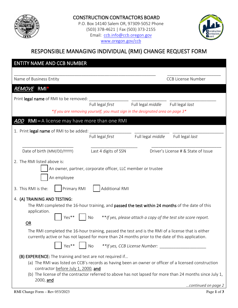 Oregon Responsible Managing Individual (Rmi) Change Request Form ...