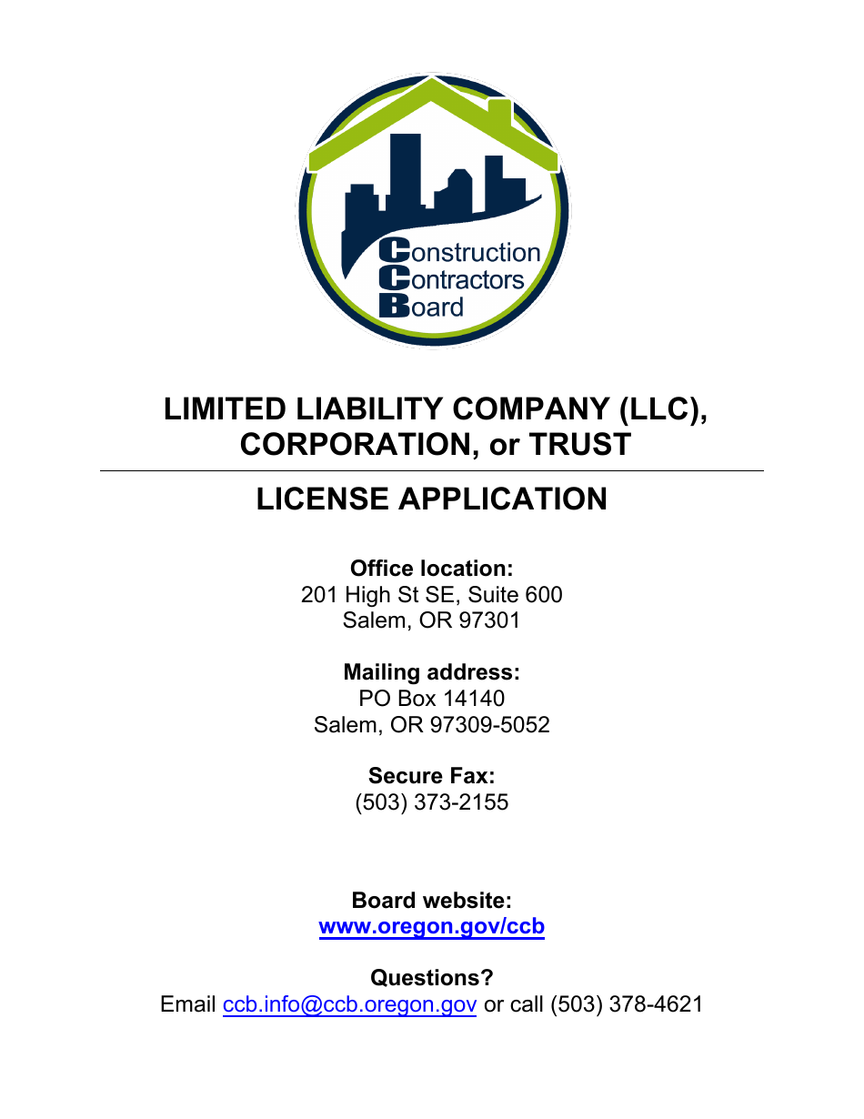 Oregon License Application for Limited Liability Company (LLC ...