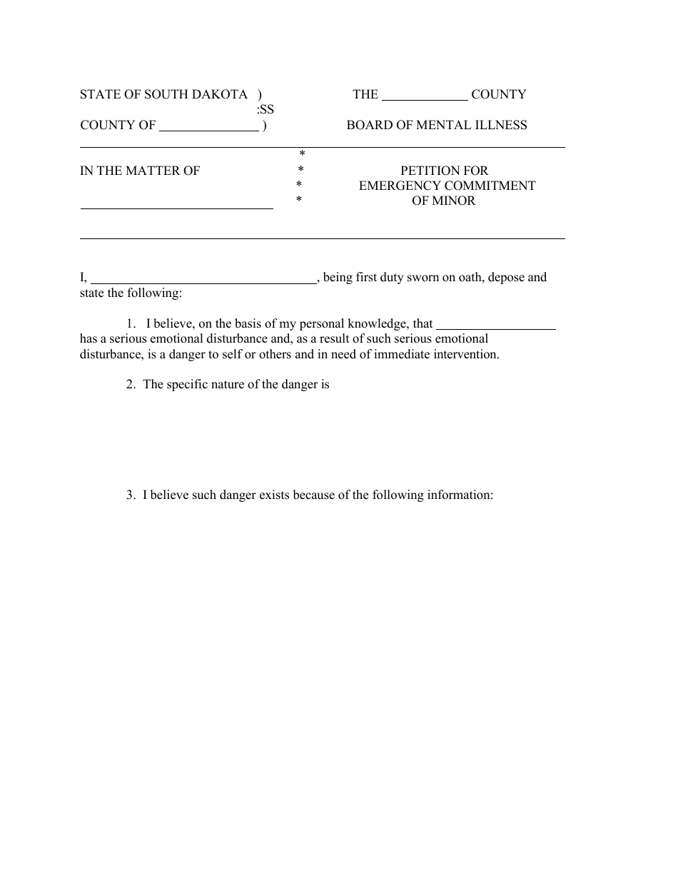 South Dakota Petition for Emergency Commitment of Minor - Fill Out ...