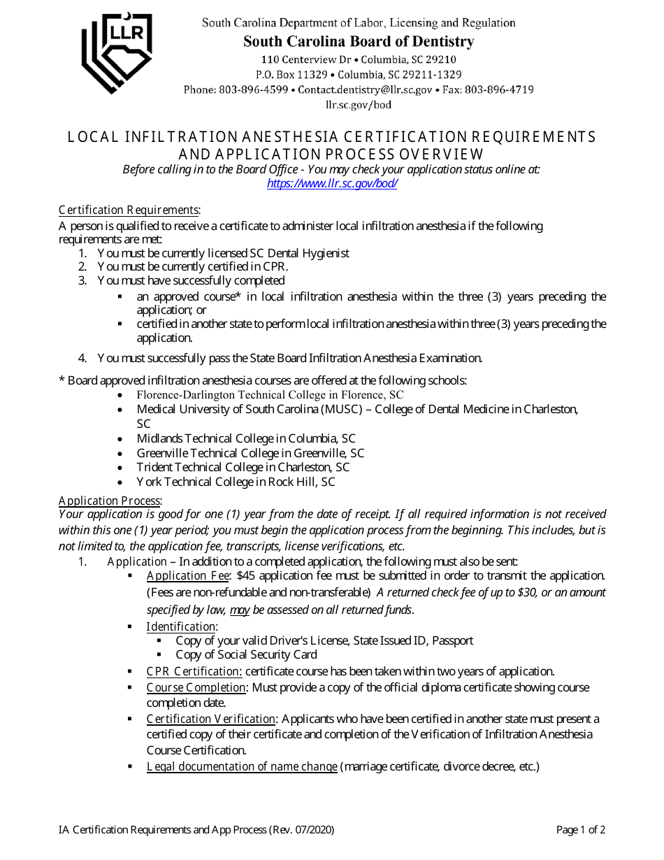 South Carolina Application for Infiltration Anesthesia Examination ...