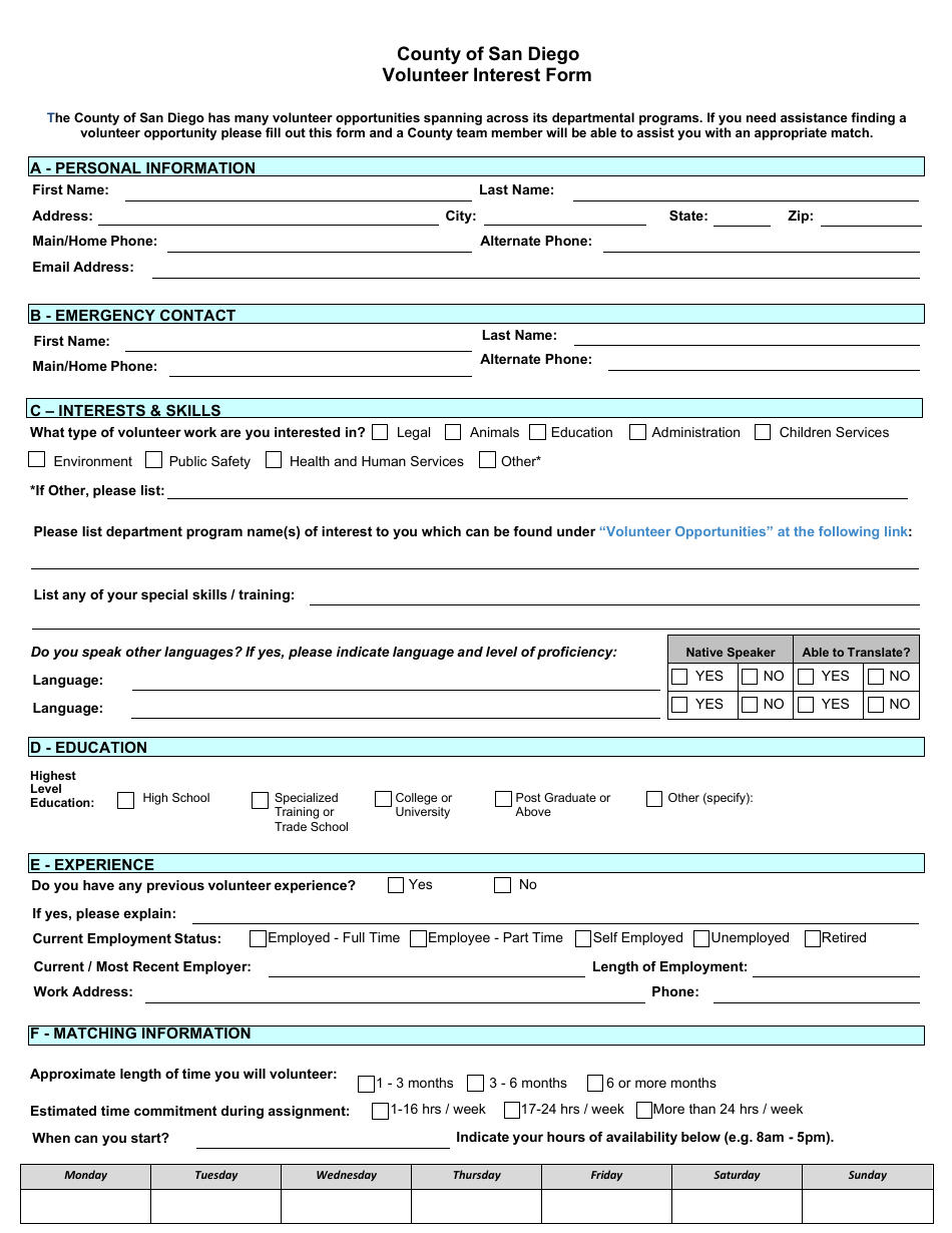 County of San Diego, California Volunteer Interest Form - Fill Out ...