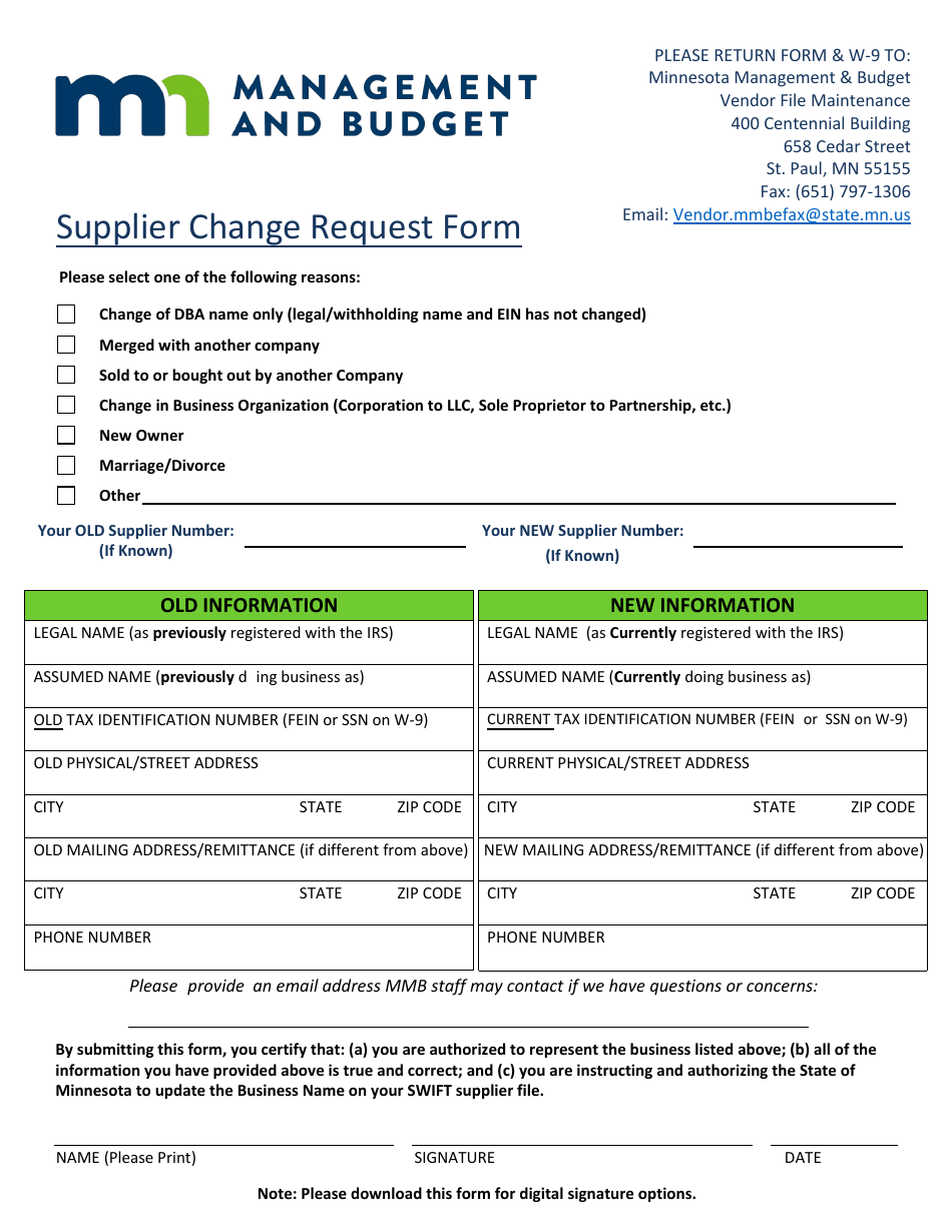 Minnesota Supplier Change Request Form - Fill Out, Sign Online and ...