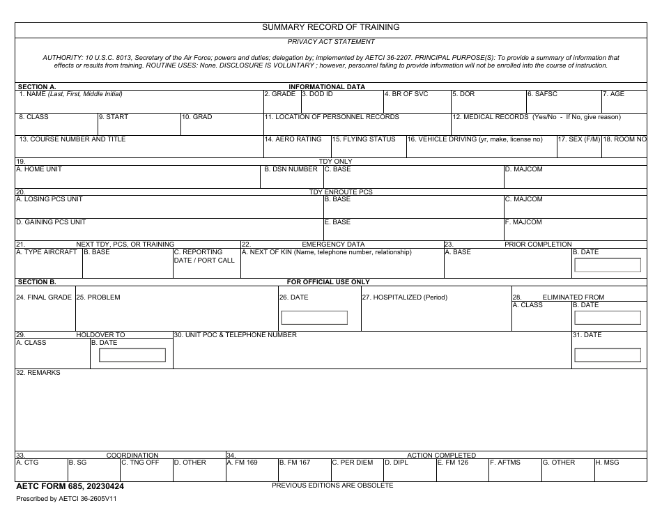 AETC Form 685 - Fill Out, Sign Online and Download Fillable PDF ...