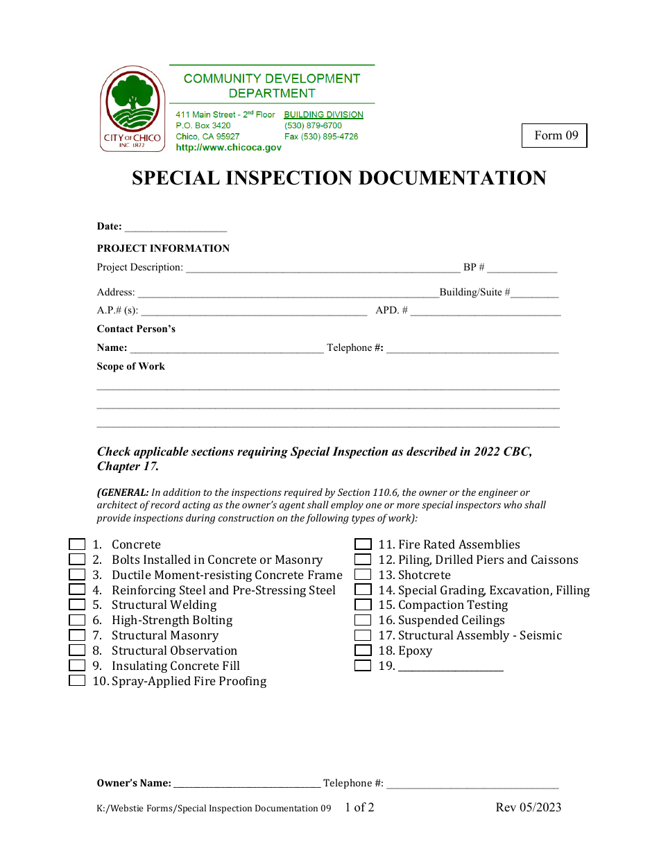 Form 09 Download Fillable PDF or Fill Online Special Inspection ...