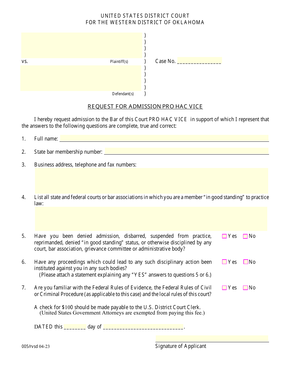 Oklahoma Request for Admission Pro Hac Vice Download Printable PDF ...