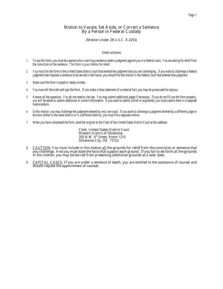 Oklahoma Motion Under 28 U.s.c. 2255 to Vacate, Set Aside, or Correct Sentence by a Person in ...