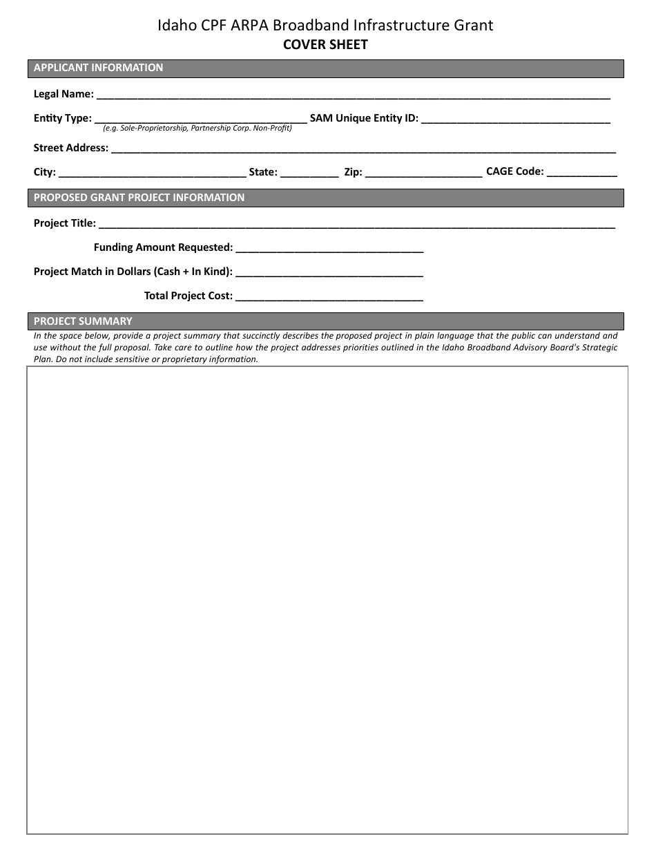 Idaho Idaho Cpf Arpa Broadband Infrastructure Grant Cover Sheet - Fill ...