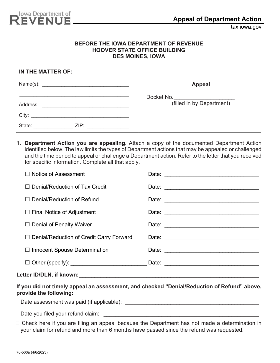 Form 76-500 Download Fillable PDF or Fill Online Appeal of Department ...