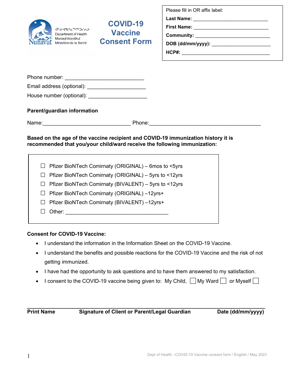 Nunavut Canada Covid-19 Vaccine Consent Form - Fill Out, Sign Online ...