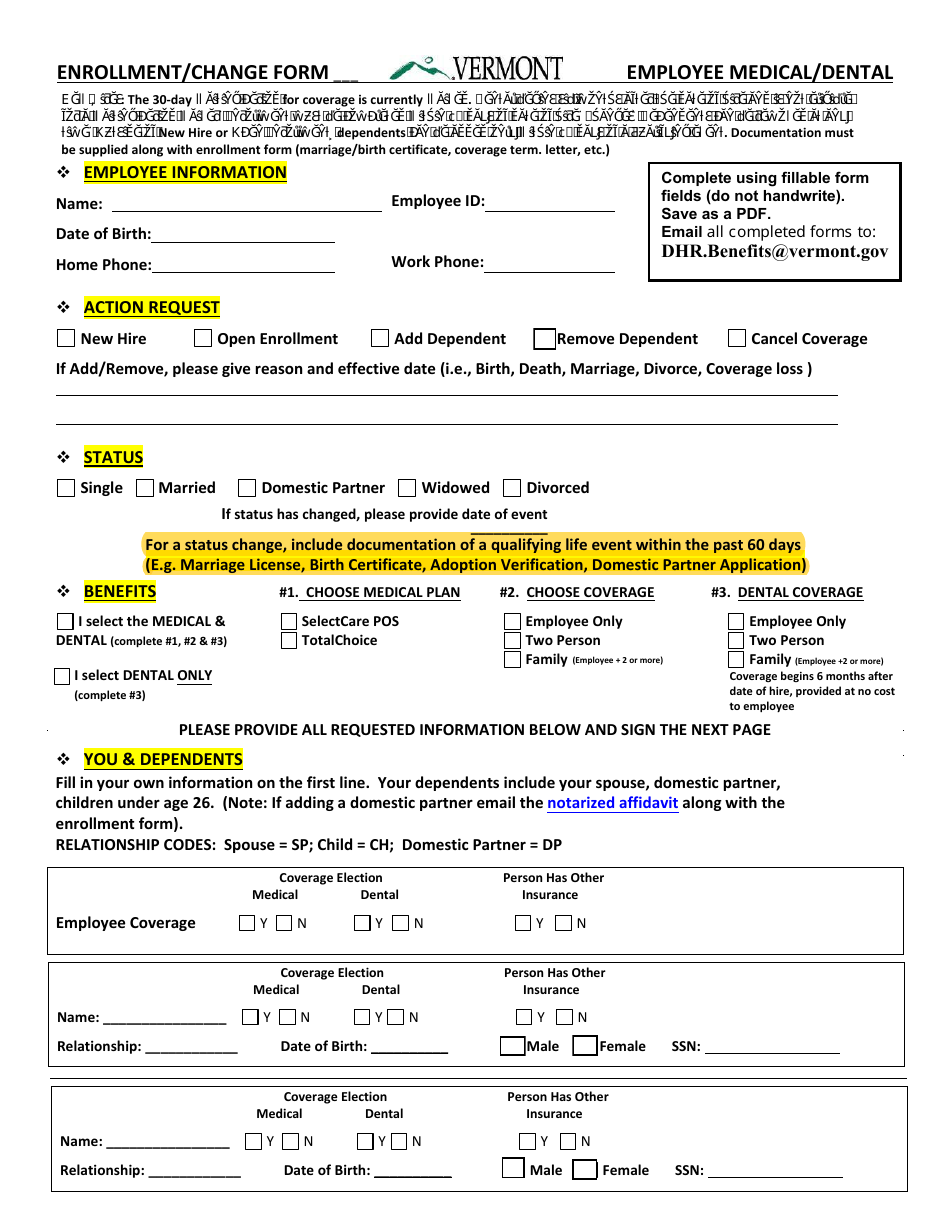Vermont Enrollment/Change Form - Fill Out, Sign Online and Download PDF ...