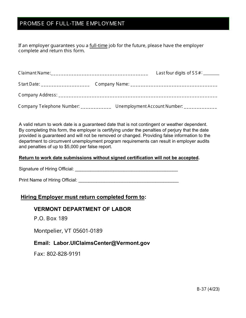 Form B-37 - Fill Out, Sign Online and Download Fillable PDF, Vermont ...