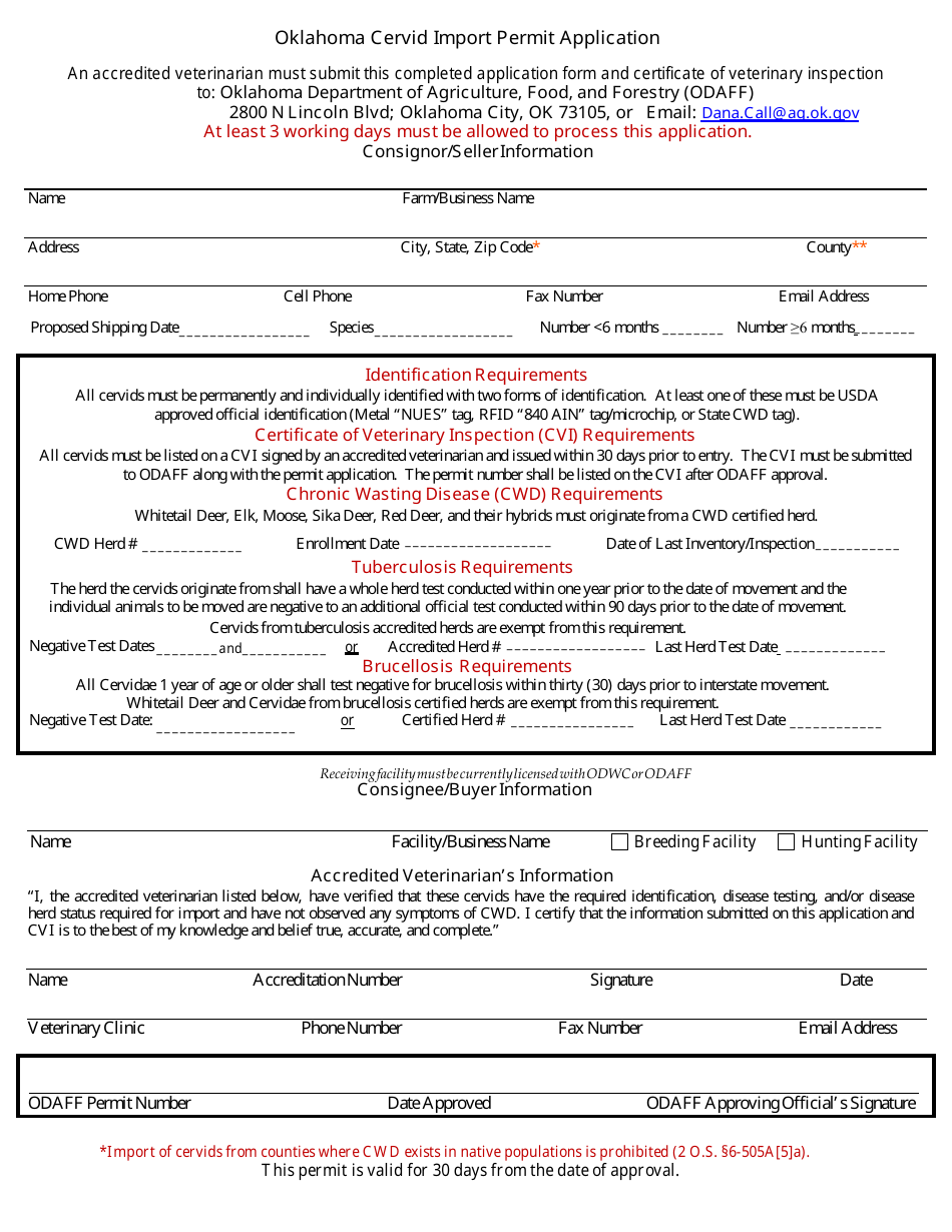 Oklahoma Oklahoma Cervid Import Permit Application - Fill Out, Sign Online and Download PDF ...