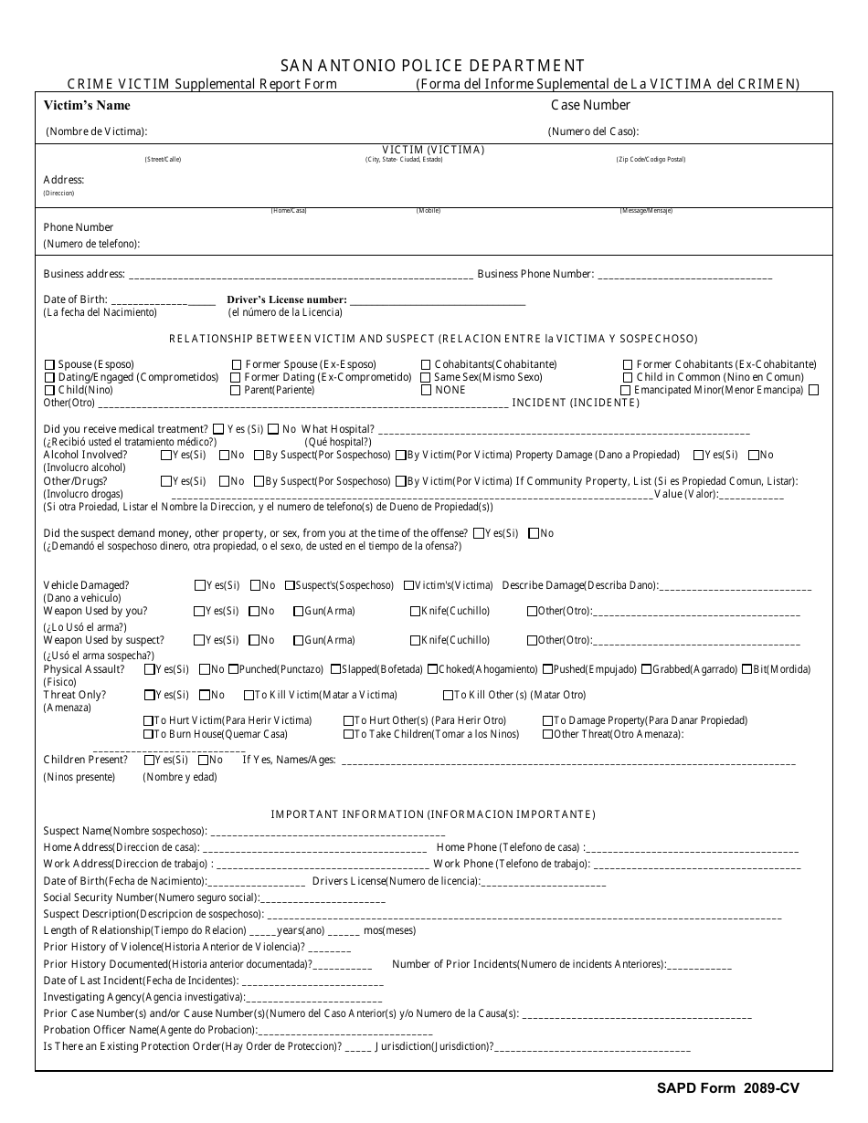 SAPD Form 2089-CV - Fill Out, Sign Online and Download Fillable PDF ...