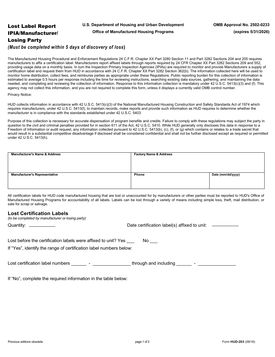 Form HUD-203 - Fill Out, Sign Online and Download Fillable PDF ...