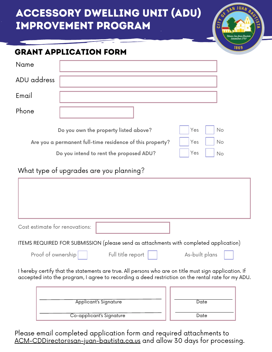 City of San Juan Bautista, California Grant Application Form ...