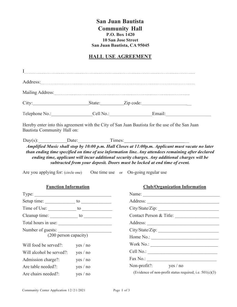 City of San Juan Bautista, California Hall Use Agreement - Fill Out ...