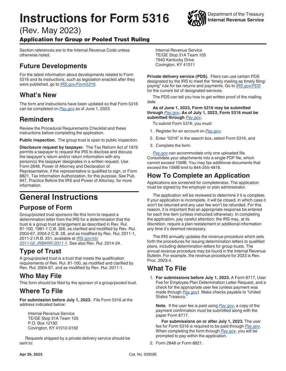 Download Instructions for IRS Form 5316 Application for Group or Pooled ...