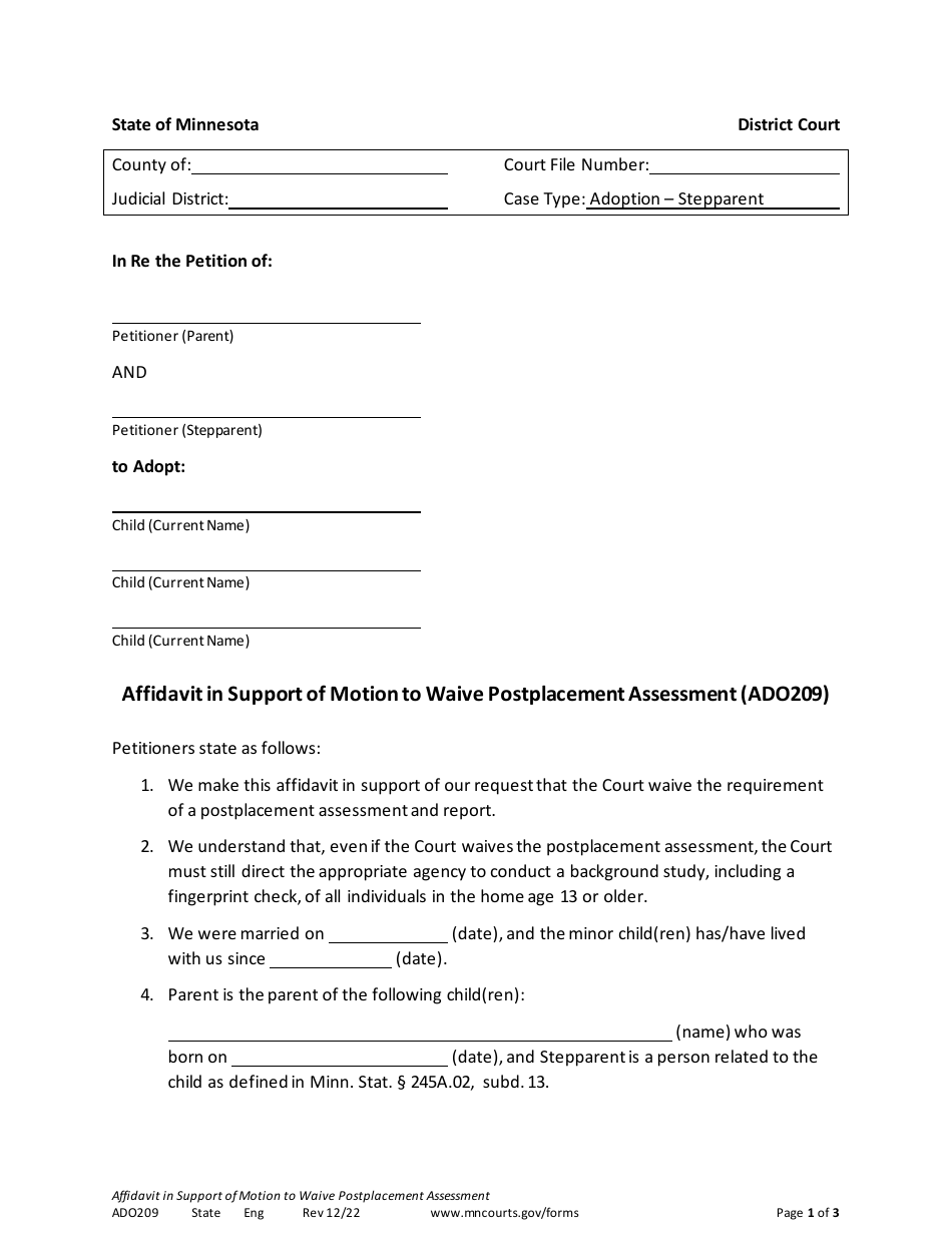 Form ADO209 Download Printable PDF or Fill Online Affidavit in Support ...