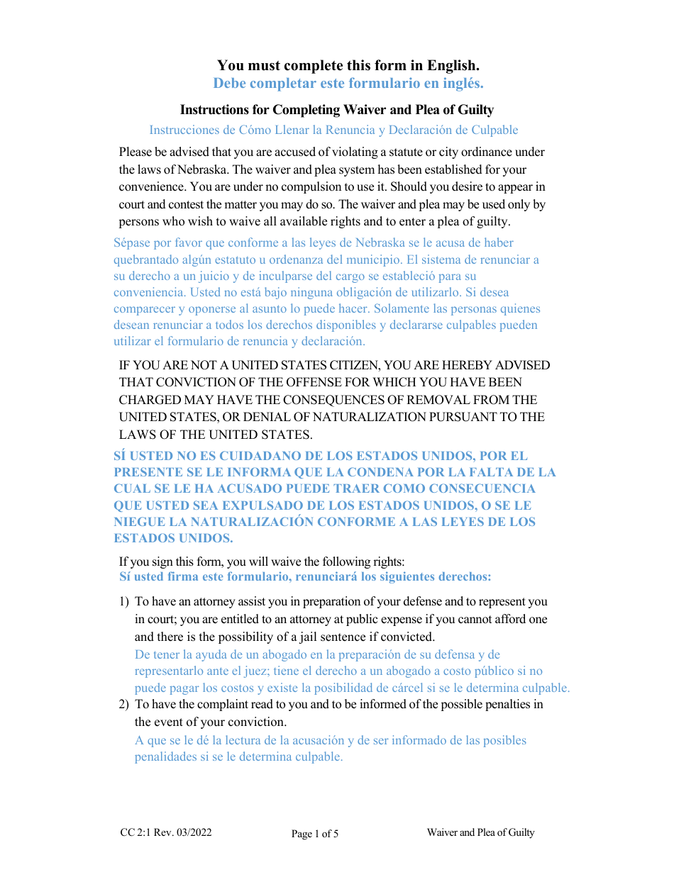 Form CC2:1 Download Fillable PDF or Fill Online Waiver and Plea of ...