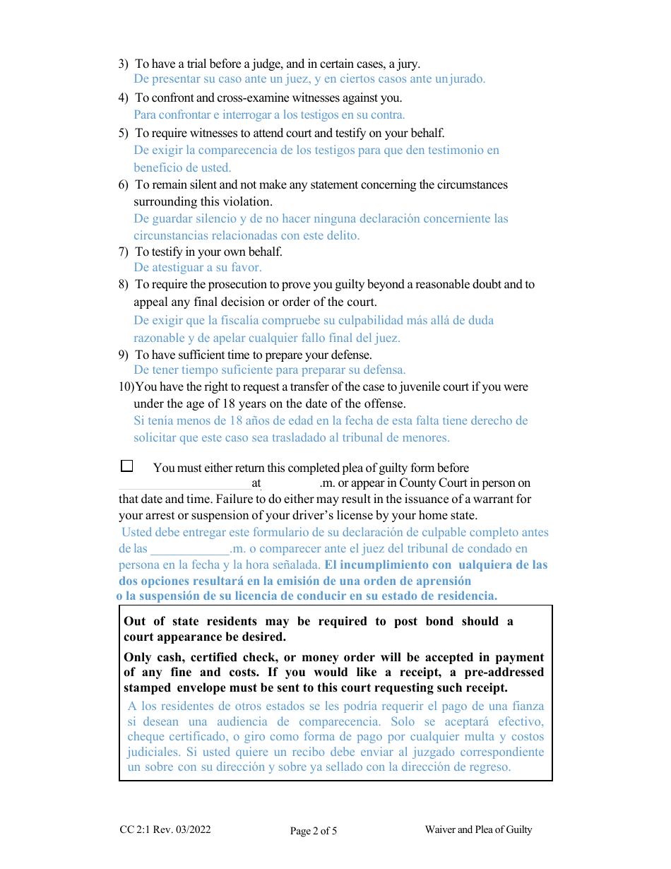 Form CC2:1 Download Fillable PDF or Fill Online Waiver and Plea of ...