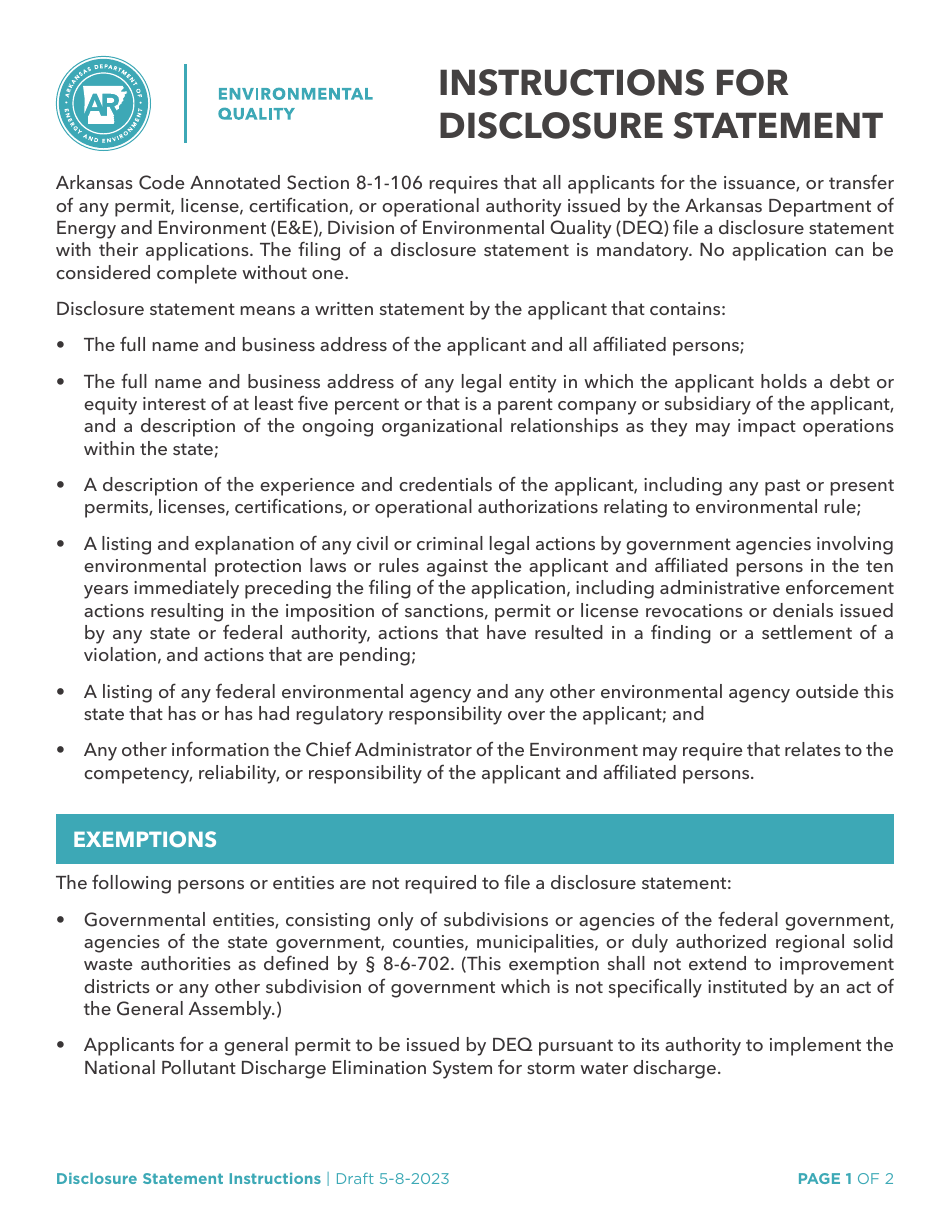 Arkansas Disclosure Statement - Fill Out, Sign Online and Download PDF ...