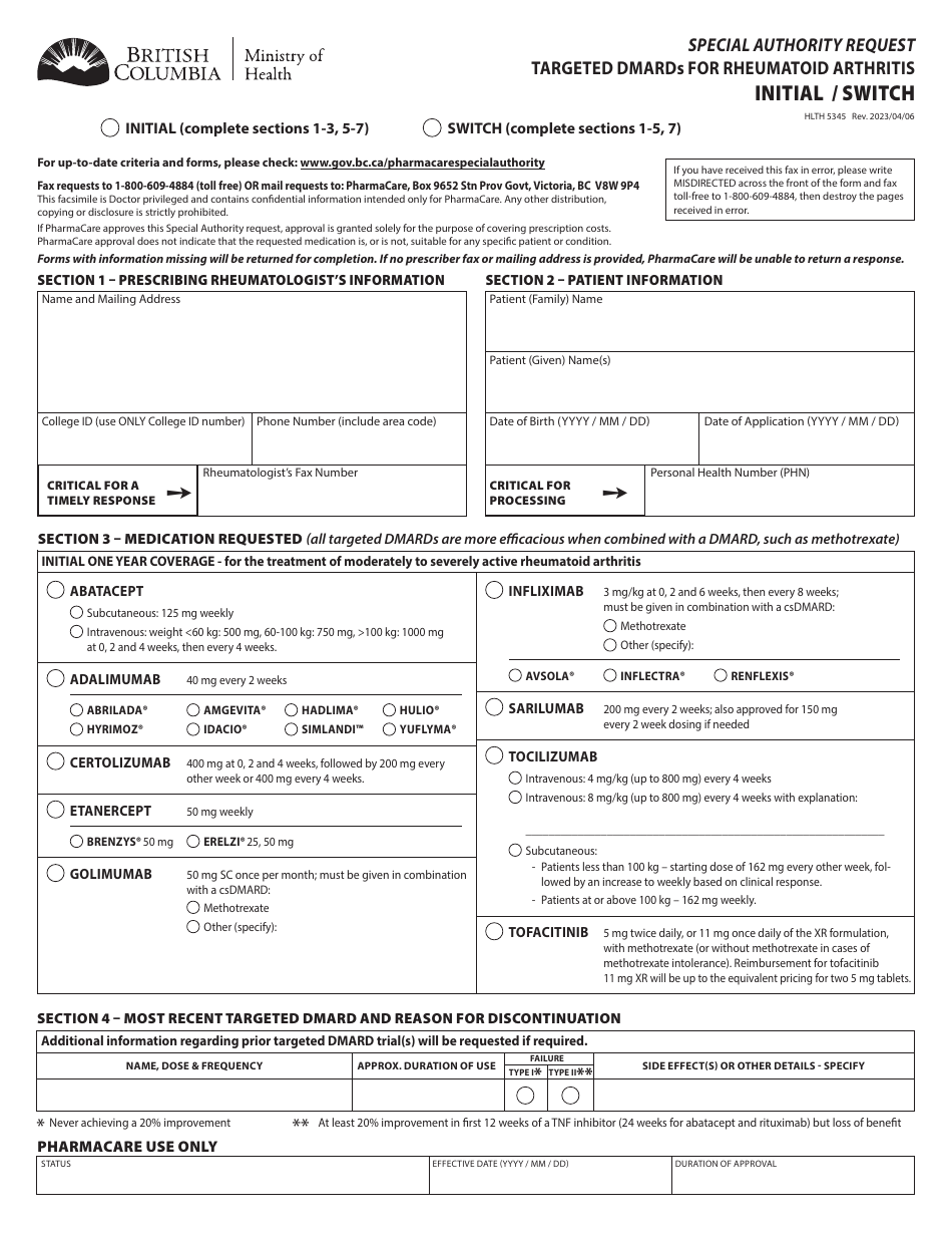 Form HLTH5345 Download Fillable PDF or Fill Online Special Authority ...
