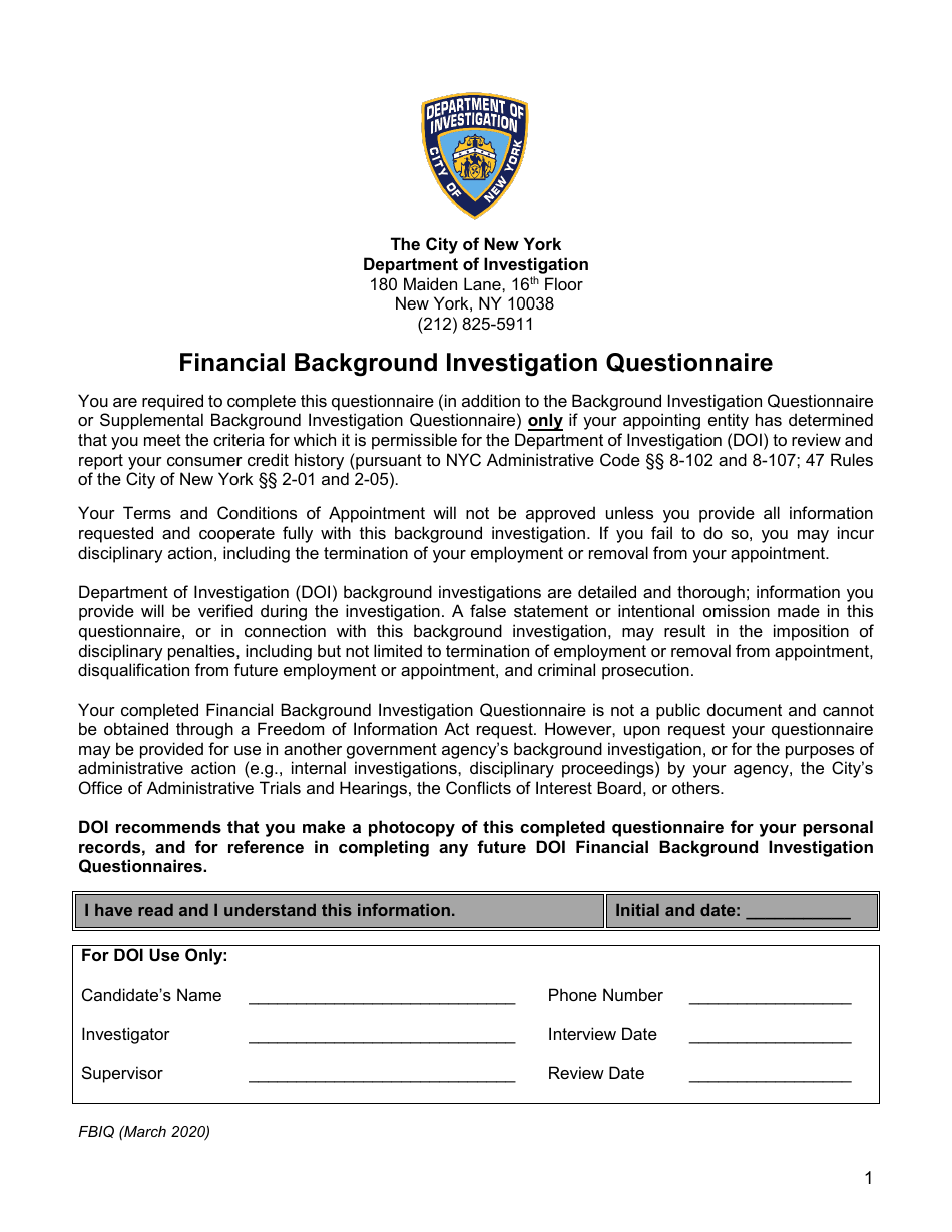 New York City Financial Background Investigation Questionnaire - Fill ...