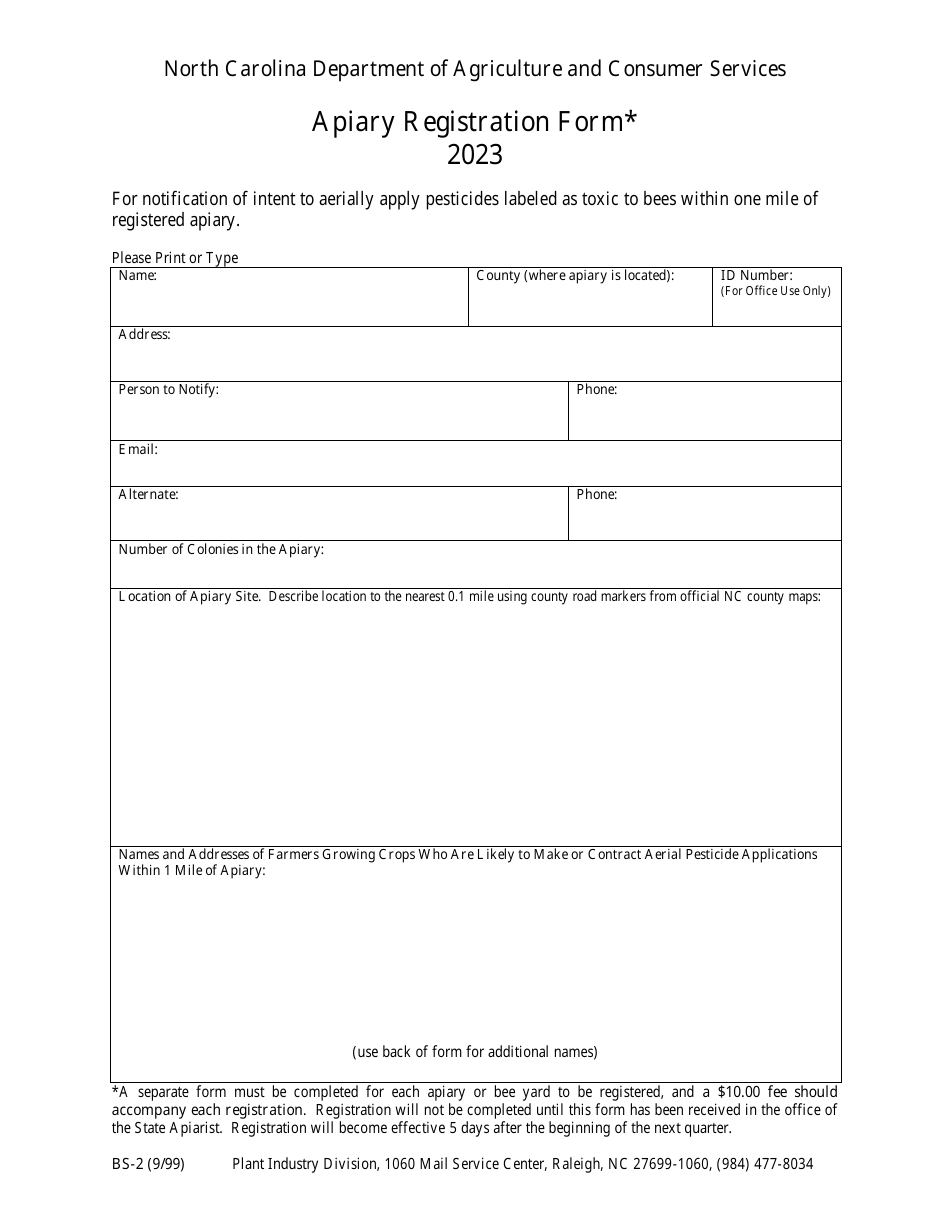 Form BS-2 Download Printable PDF or Fill Online Apiary Registration ...