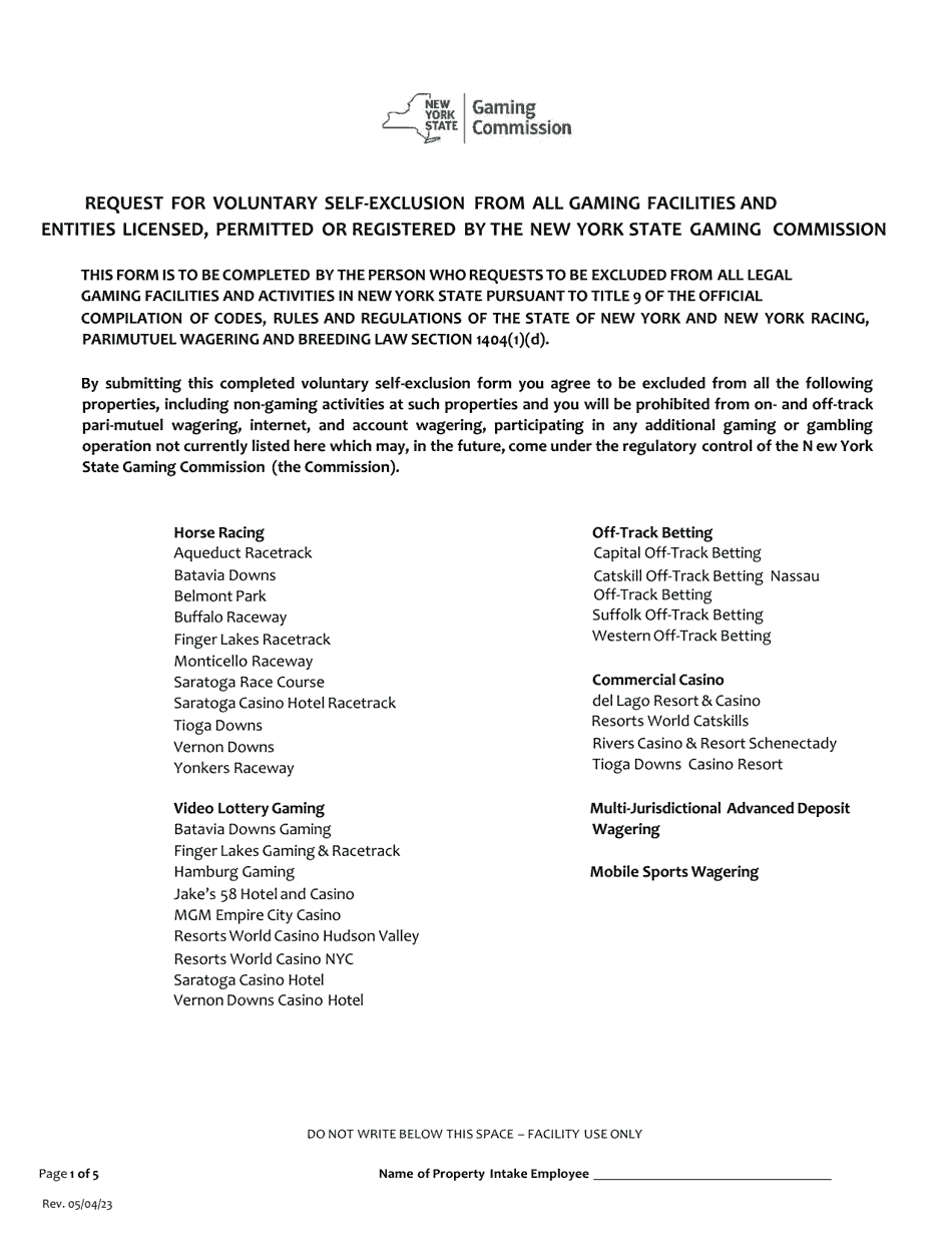 New York Request for Voluntary Self-exclusion From All Gaming ...