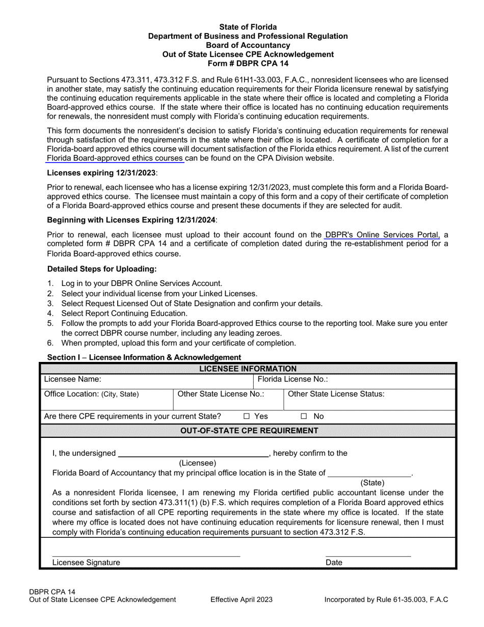 Form DBPR CPA14 Download Fillable PDF or Fill Online Out of State ...