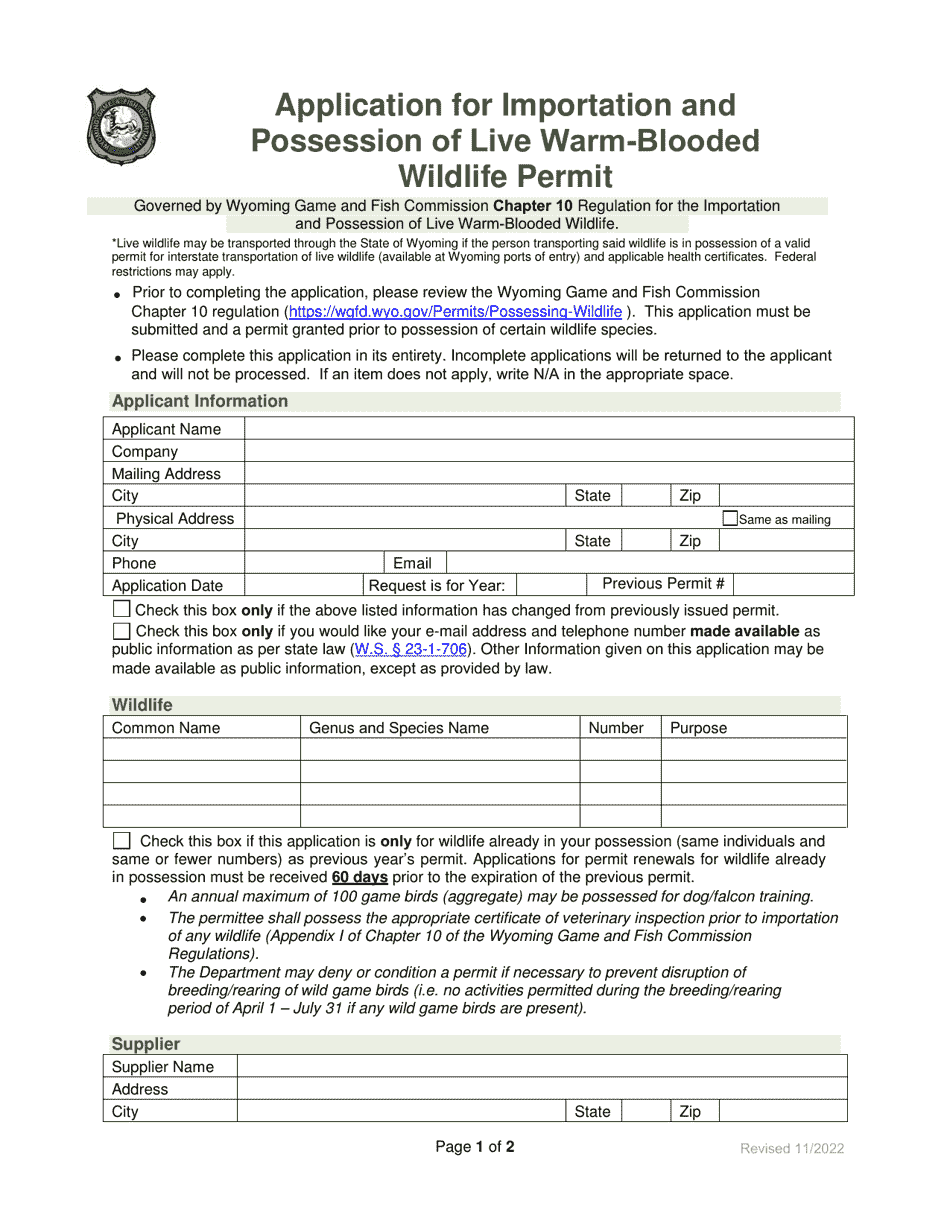 Wyoming Application for Importation and Possession of Live Warm-Blooded ...
