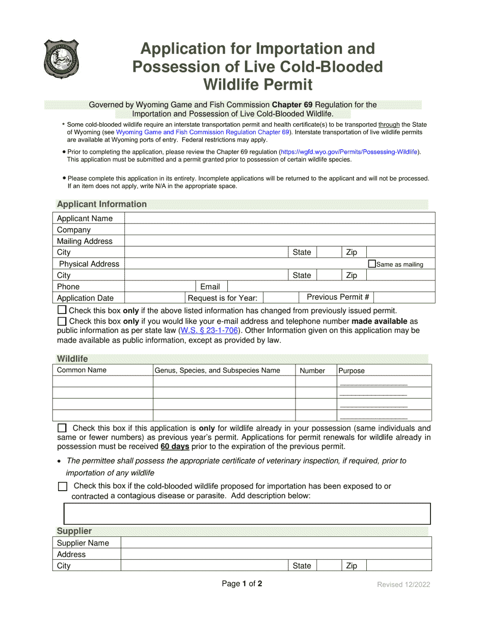 Wyoming Application for Importation and Possession of Live Cold-Blooded ...