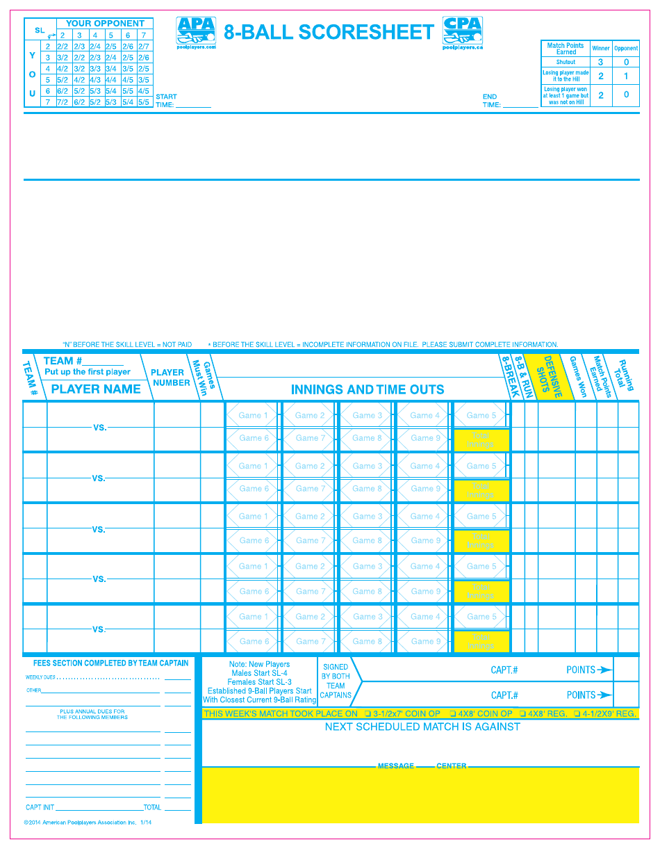 8-ball Score Sheet - Apa Download Printable PDF | Templateroller