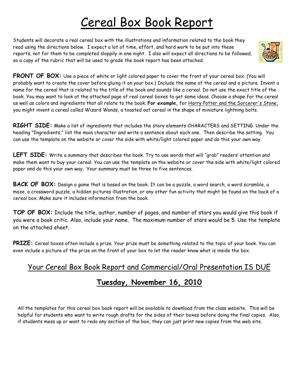 Cereal Box Book Report Templates - Table - Fill Out, Sign Online and ...
