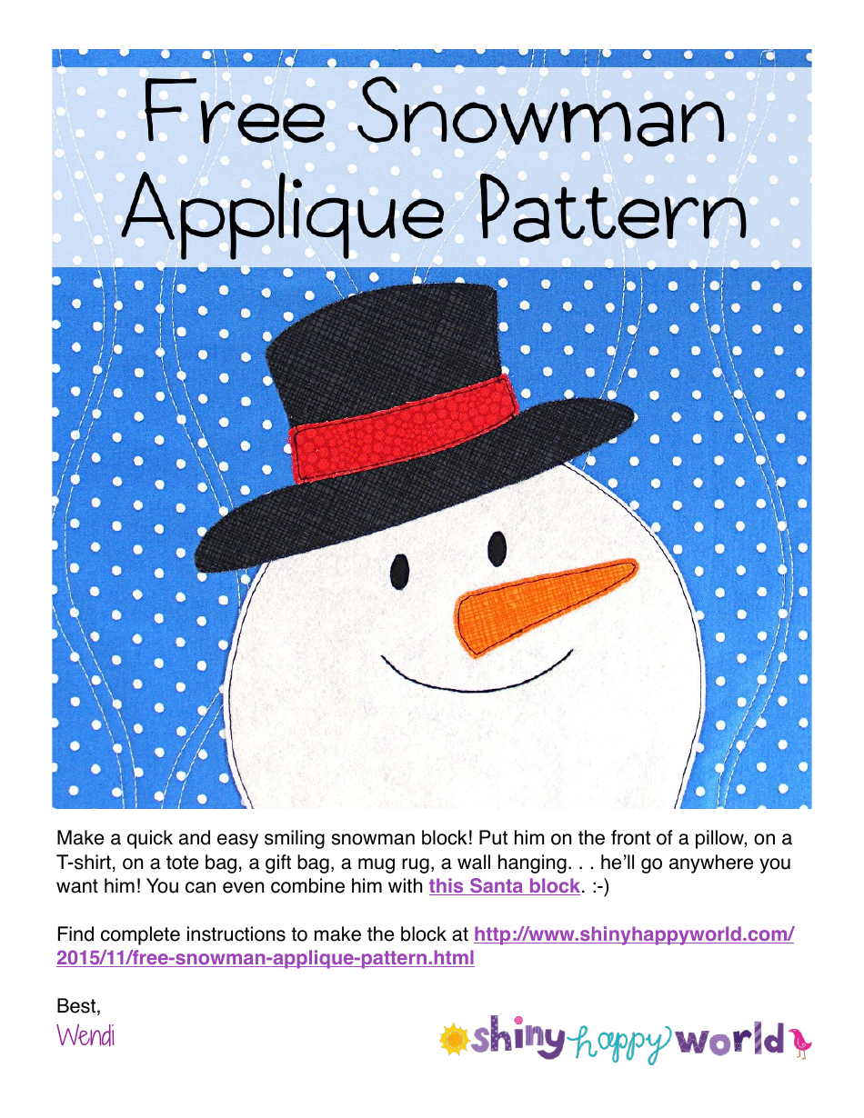Snowman Applique Pattern Template - Wendi Gratz Download Printable PDF | Templateroller