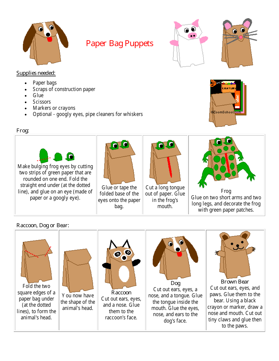 Paper Bag Animal Puppets Download Printable PDF | Templateroller