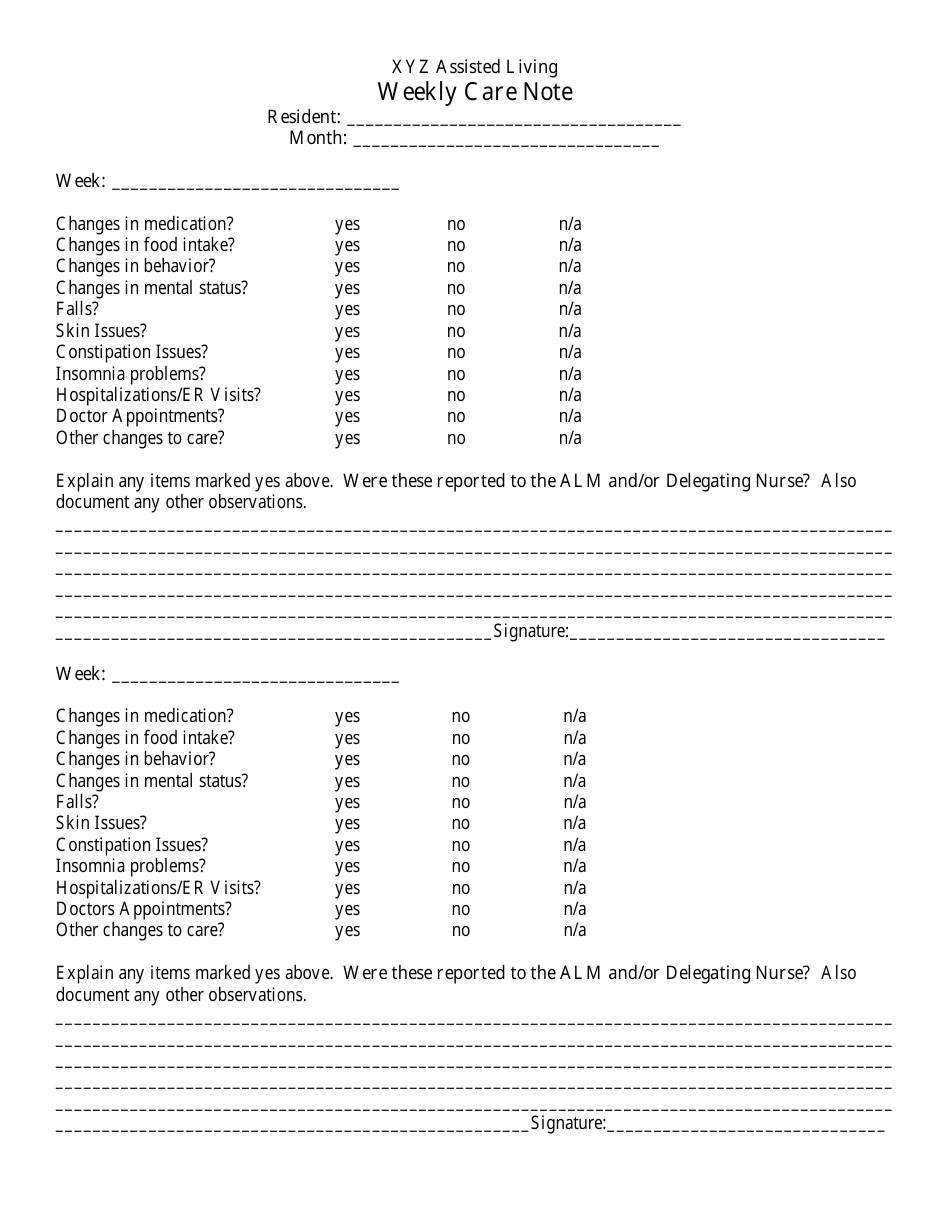 Assisted Living Sample Weekly Care Notes Download Printable PDF