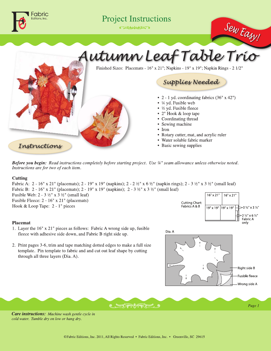 Autumn Leaf Table Trio Sewing Pattern Template Download Printable PDF ...