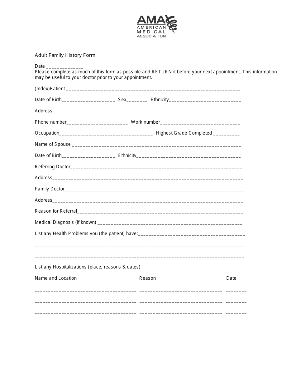 Adult Family History Form - Fill Out, Sign Online and Download PDF ...