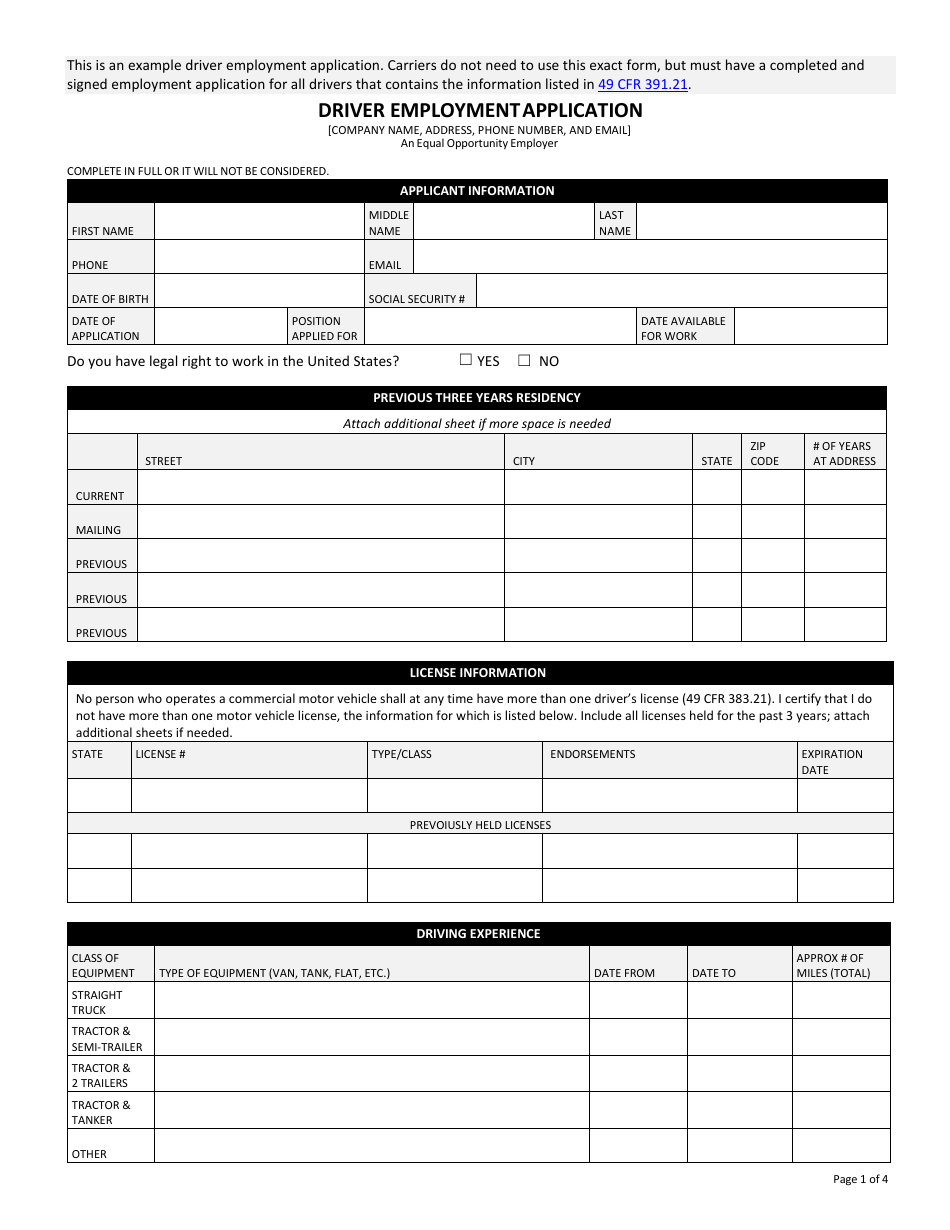 Driver Employment Application - Fill Out, Sign Online and Download PDF ...