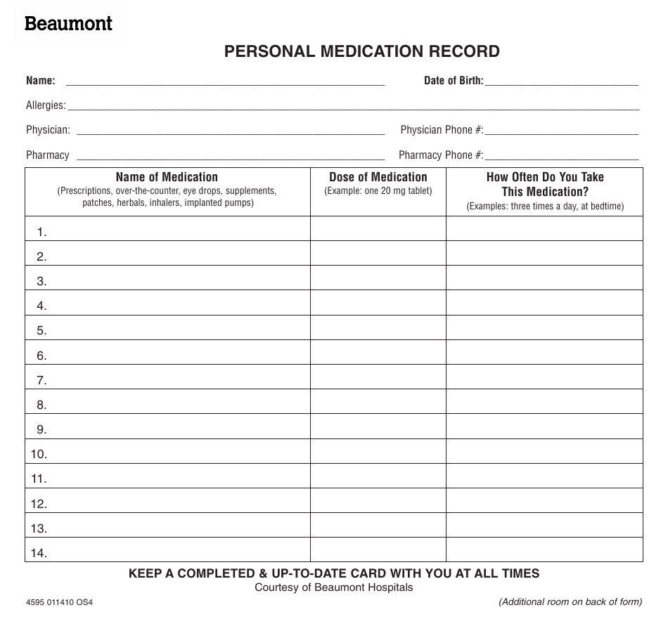 Personal Medication Record - Beaumont Hospitals Download Printable PDF ...